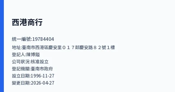 西港商行的照片-統編 19784404(臺南市) 公司登記資料與營業項目詳細圖表
