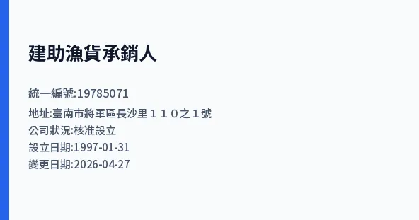 建助漁貨承銷人的照片-統編 19785071(臺南市) 公司登記資料與營業項目詳細圖表