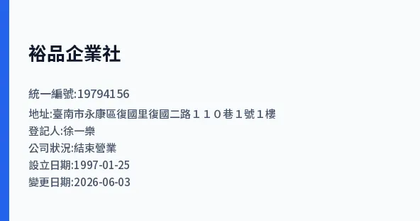 裕品企業社的照片-統編 19794156(臺南市) 公司登記資料與營業項目詳細圖表