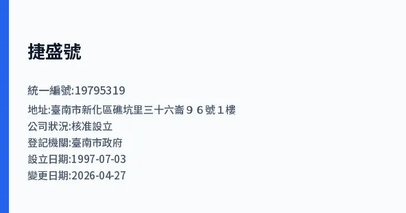 捷盛號的照片-統編 19795319(臺南市) 公司登記資料與營業項目詳細圖表