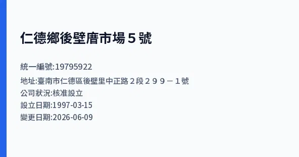 仁德鄉後壁庴市場5號的照片-統編 19795922(臺南市) 公司登記資料與營業項目詳細圖表