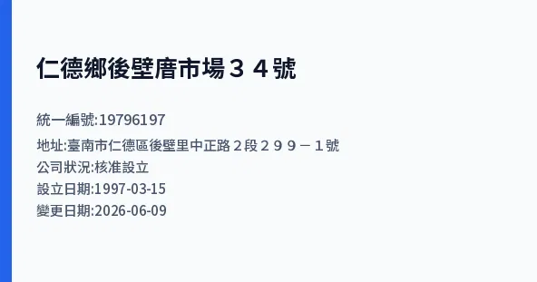 仁德鄉後壁庴市場34號的照片-統編 19796197(臺南市) 公司登記資料與營業項目詳細圖表