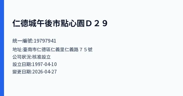 仁德城午後市點心園D29的照片-統編 19797941(臺南市) 公司登記資料與營業項目詳細圖表