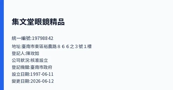 集文堂眼鏡精品的照片-統編 19798842(臺南市) 公司登記資料與營業項目詳細圖表