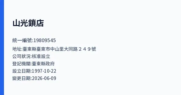 山光鎖店的照片-統編 19809545(臺東縣) 公司登記資料與營業項目詳細圖表