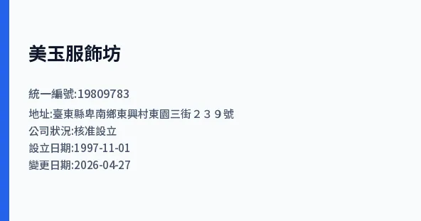 美玉服飾坊的照片-統編 19809783(臺東縣) 公司登記資料與營業項目詳細圖表
