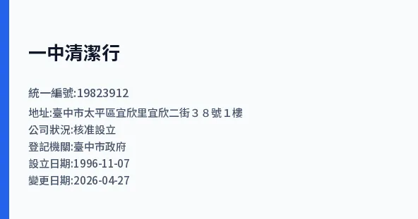 一中清潔行的照片-統編 19823912(臺中市) 公司登記資料與營業項目詳細圖表