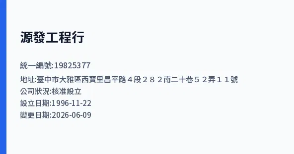 源發工程行的照片-統編 19825377(臺中市) 公司登記資料與營業項目詳細圖表