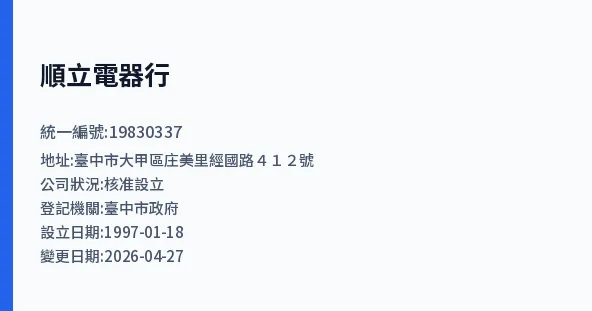 順立電器行的照片-統編 19830337(臺中市) 公司登記資料與營業項目詳細圖表
