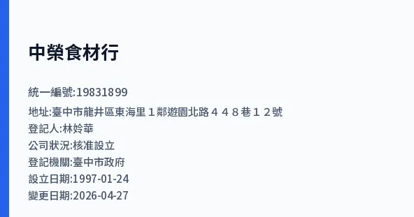 中榮食材行的照片-統編 19831899(臺中市) 公司登記資料與營業項目詳細圖表