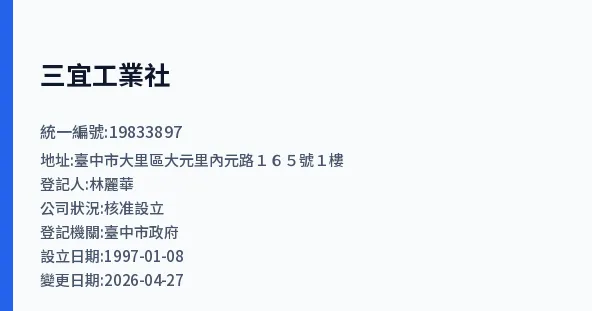 三宜工業社的照片-統編 19833897(臺中市) 公司登記資料與營業項目詳細圖表