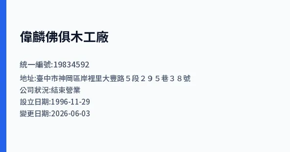 偉麟佛俱木工廠的照片-統編 19834592(臺中市) 公司登記資料與營業項目詳細圖表