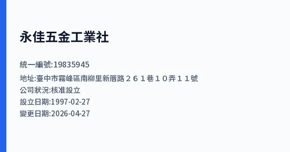 永佳五金工業社的照片-統編 19835945(臺中市) 公司登記資料與營業項目詳細圖表