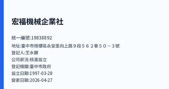 宏福機械企業社的照片-統編 19838892(臺中市) 公司登記資料與營業項目詳細圖表