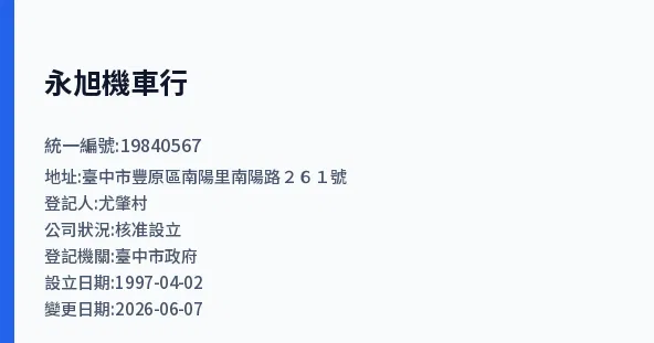 永旭機車行的照片-統編 19840567(臺中市) 公司登記資料與營業項目詳細圖表