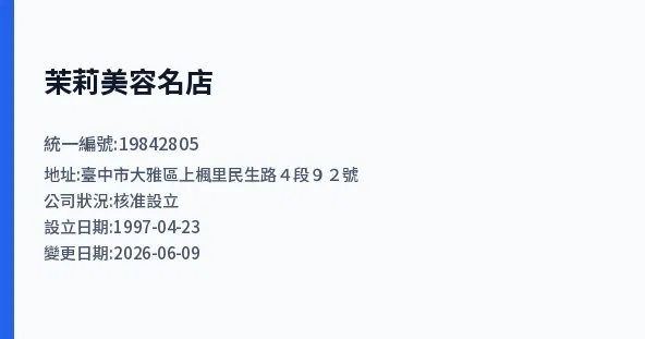 茉莉美容名店的照片-統編 19842805(臺中市) 公司登記資料與營業項目詳細圖表