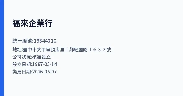 福來企業行的照片-統編 19844310(臺中市) 公司登記資料與營業項目詳細圖表