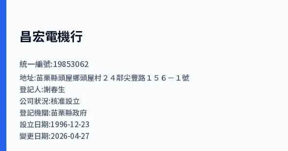 昌宏電機行的照片-統編 19853062(苗栗縣) 公司登記資料與營業項目詳細圖表