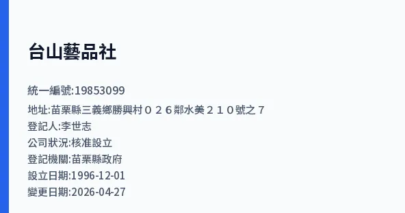 台山藝品社的照片-統編 19853099(苗栗縣) 公司登記資料與營業項目詳細圖表