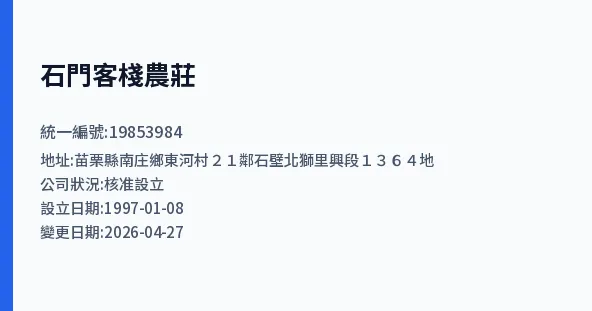 石門客棧農莊的照片-統編 19853984(苗栗縣) 公司登記資料與營業項目詳細圖表