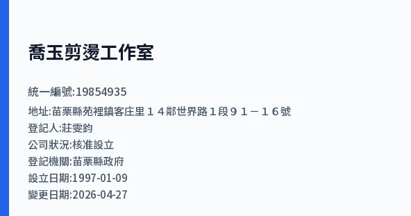 喬玉剪燙工作室的照片-統編 19854935(苗栗縣) 公司登記資料與營業項目詳細圖表
