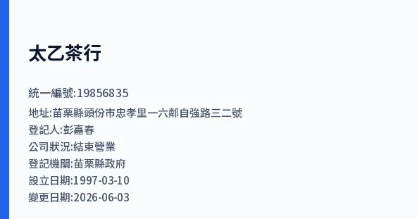 太乙茶行的照片-統編 19856835(苗栗縣) 公司登記資料與營業項目詳細圖表