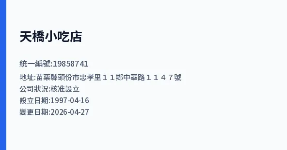 天橋小吃店的照片-統編 19858741(苗栗縣) 公司登記資料與營業項目詳細圖表