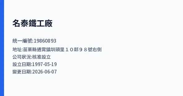 名泰鐵工廠的照片-統編 19860893(苗栗縣) 公司登記資料與營業項目詳細圖表