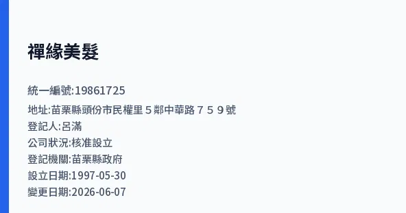 禪緣美髮的照片-統編 19861725(苗栗縣) 公司登記資料與營業項目詳細圖表