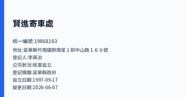 賢進寄車處的照片-統編 19868163(苗栗縣) 公司登記資料與營業項目詳細圖表