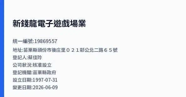 新錢龍電子遊戲場業的照片-統編 19869557(苗栗縣) 公司登記資料與營業項目詳細圖表