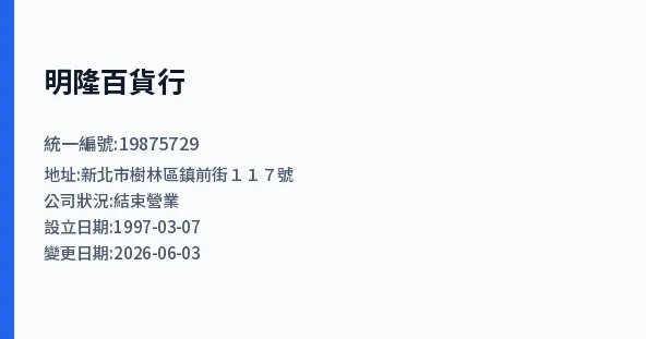 明隆百貨行的照片-統編 19875729(新北市) 公司登記資料與營業項目詳細圖表