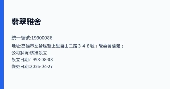 翡翠雅舍的照片-統編 19900086(高雄市) 公司登記資料與營業項目詳細圖表