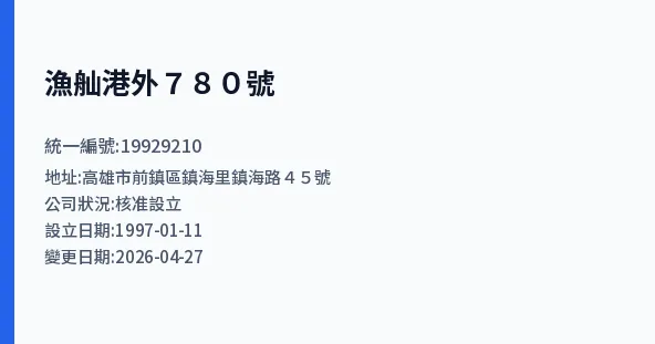 漁舢港外780號的照片-統編 19929210(高雄市) 公司登記資料與營業項目詳細圖表
