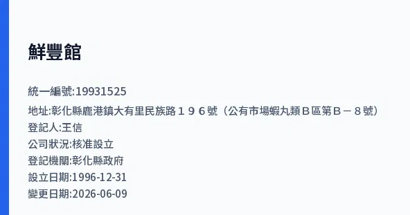 鮮豐館的照片-統編 19931525(彰化縣) 公司登記資料與營業項目詳細圖表