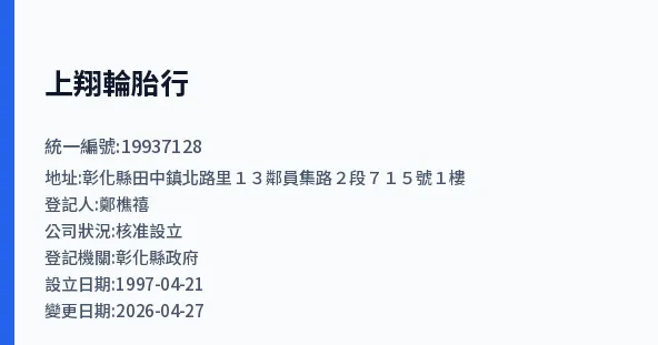 上翔輪胎行的照片-統編 19937128(彰化縣) 公司登記資料與營業項目詳細圖表