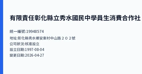 有限責任彰化縣立秀水國民中學員生消費合作社的照片-統編 19948574(彰化縣) 公司登記資料與營業項目詳細圖表