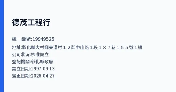 德茂工程行的照片-統編 19949525(彰化縣) 公司登記資料與營業項目詳細圖表
