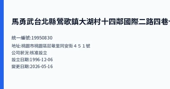 馬勇武台北縣鶯歌鎮大湖村十四鄰國際二路四巷十四號的照片-統編 19950830(桃園市) 公司登記資料與營業項目詳細圖表