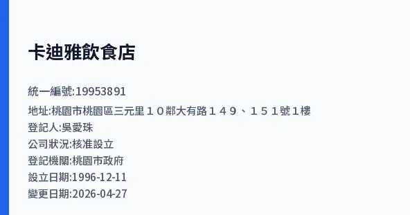 卡迪雅飲食店的照片-統編 19953891(桃園市) 公司登記資料與營業項目詳細圖表