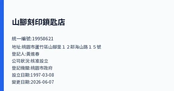 山腳刻印鎖匙店的照片-統編 19958621(桃園市) 公司登記資料與營業項目詳細圖表
