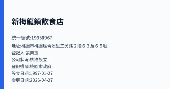 新梅龍鎮飲食店的照片-統編 19958967(桃園市) 公司登記資料與營業項目詳細圖表