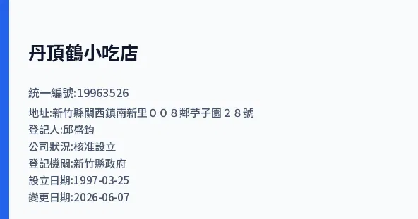丹頂鶴小吃店的照片-統編 19963526(新竹縣) 公司登記資料與營業項目詳細圖表