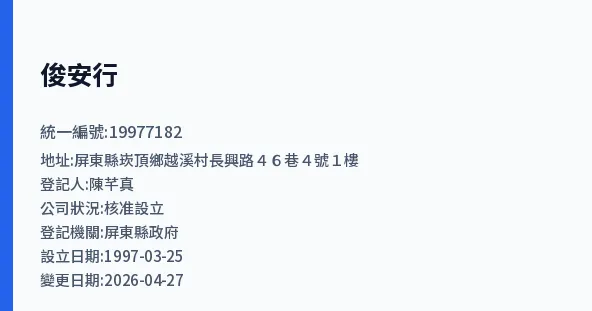 俊安行的照片-統編 19977182(屏東縣) 公司登記資料與營業項目詳細圖表