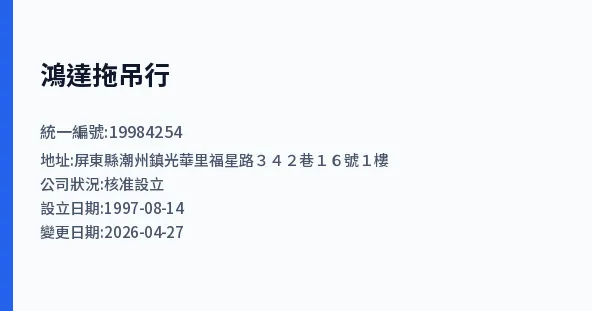 鴻達拖吊行的照片-統編 19984254(屏東縣) 公司登記資料與營業項目詳細圖表