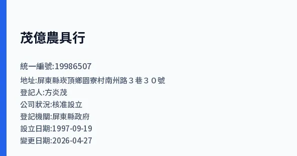 茂億農具行的照片-統編 19986507(屏東縣) 公司登記資料與營業項目詳細圖表