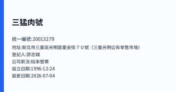 三猛肉號的照片-統編 20013279(新北市) 公司登記資料與營業項目詳細圖表