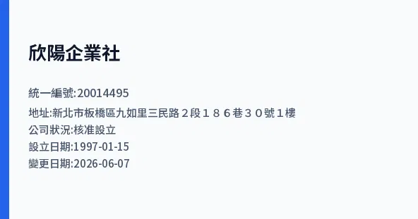 欣陽企業社的照片-統編 20014495(新北市) 公司登記資料與營業項目詳細圖表