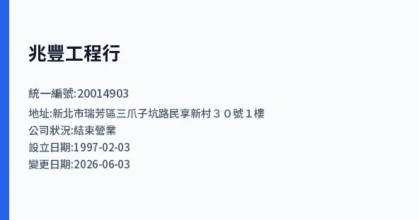 兆豐工程行的照片-統編 20014903(新北市) 公司登記資料與營業項目詳細圖表
