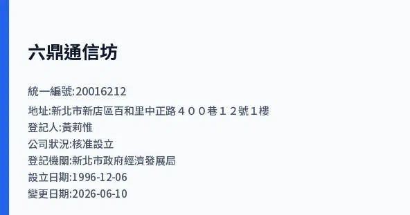六鼎通信坊的照片-統編 20016212(新北市) 公司登記資料與營業項目詳細圖表